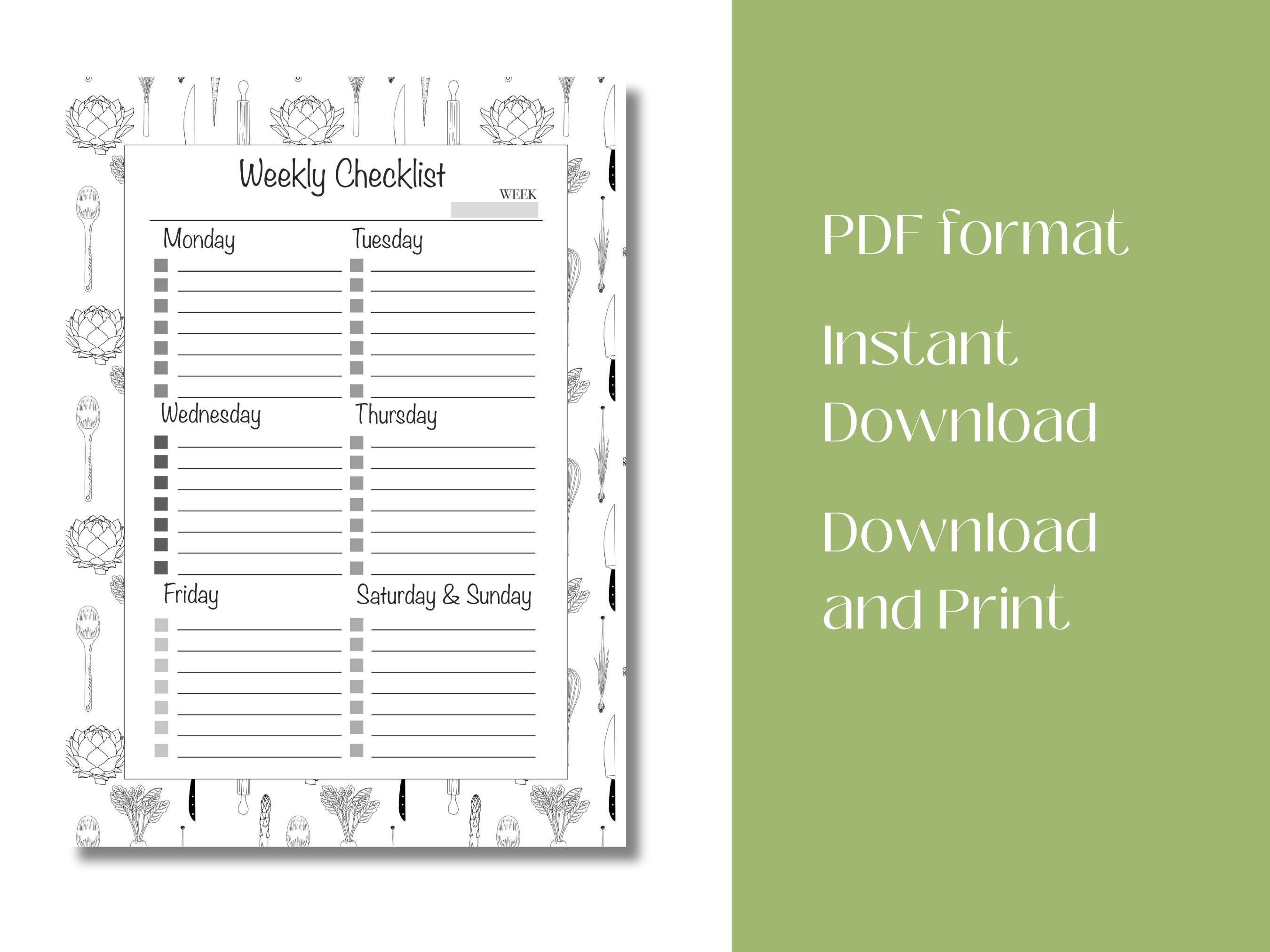 Cooking Printable Weekly Checklist Template, Chef Theme, Foodie Blank ...
