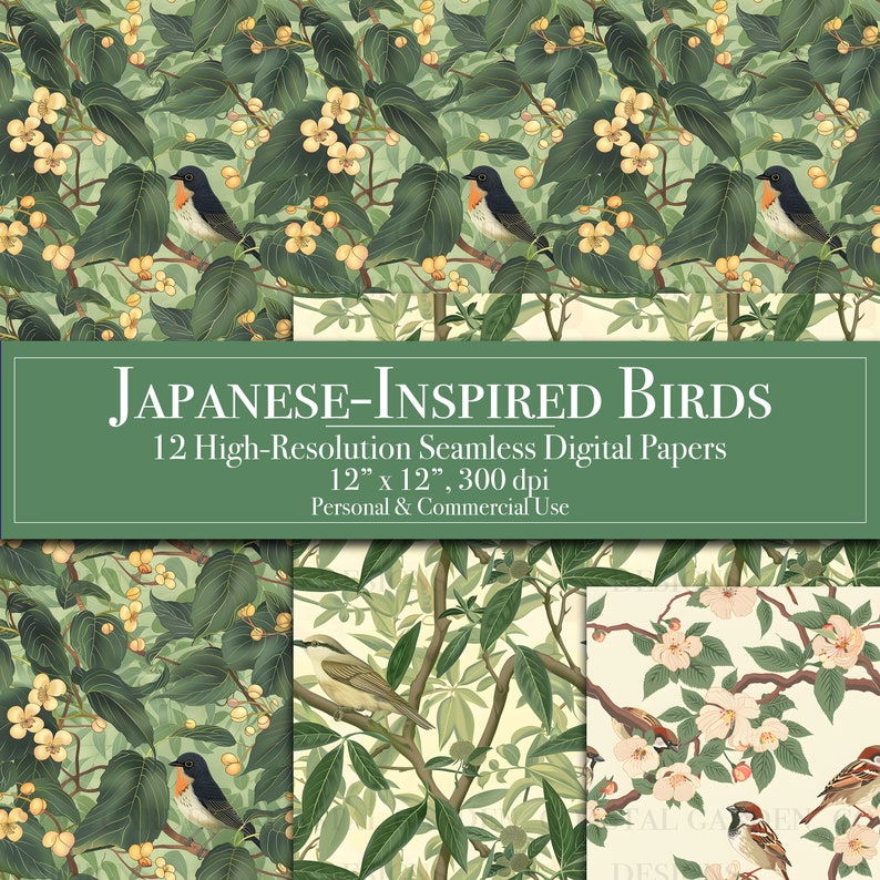 Japanese Birds Digital Paper, Seamless Scrapbook Paper Commercial Use ...