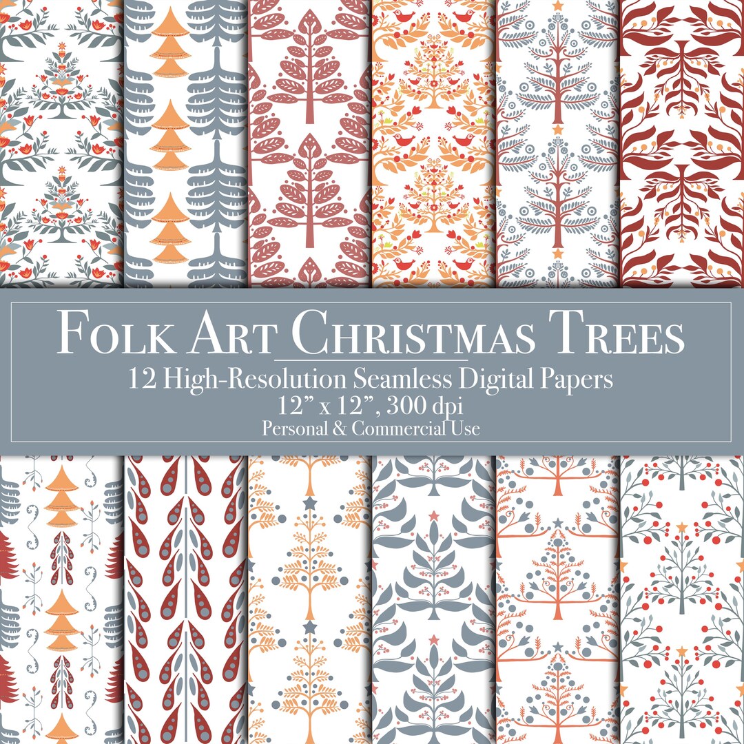 Folk Art Christmas Trees Digital Paper Scandi Seamless Digital ...