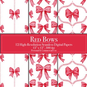 Red Bows Digital Papers & Clipart Bundle, Ribbon Seamless Scrapbook ...