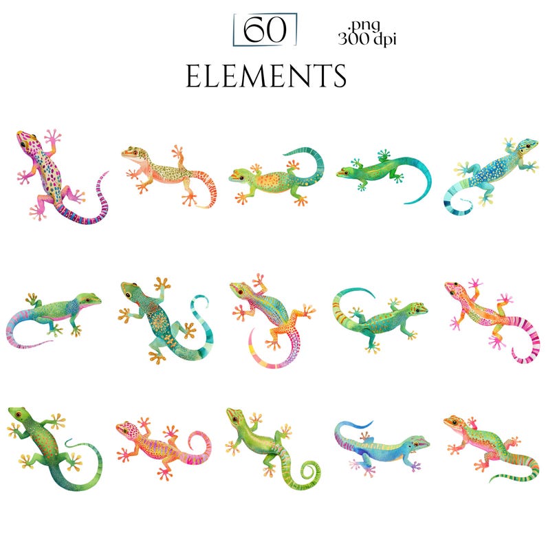 Gecko Clipart, Watercolor Gecko PNG Elements, Tropical Lizard ...