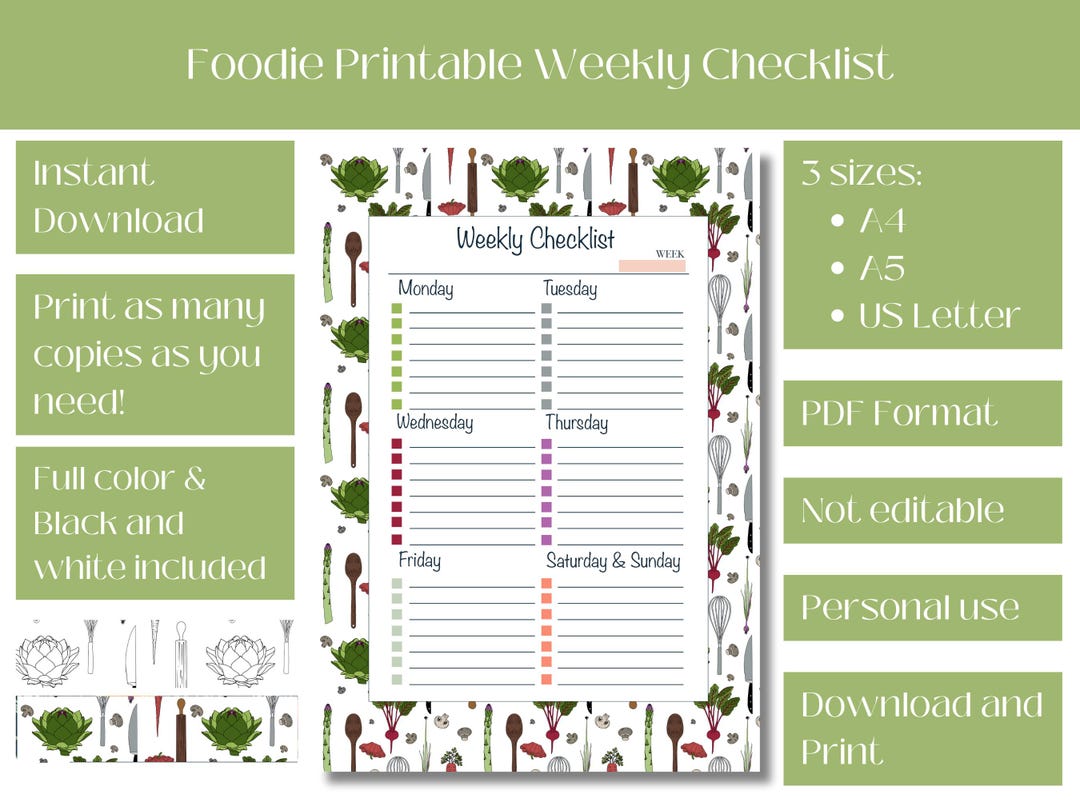 Cooking Printable Weekly Checklist Template, Chef Theme, Foodie Blank ...