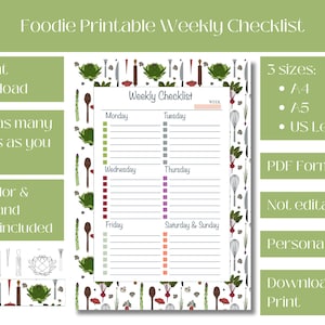 Cooking Printable Weekly Checklist Template, Chef Theme, Foodie Blank ...