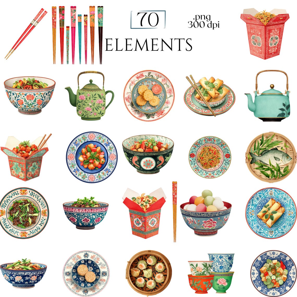 Chinese Food Clipart, Asian Cuisine PNG Elements, Commercial Use ...