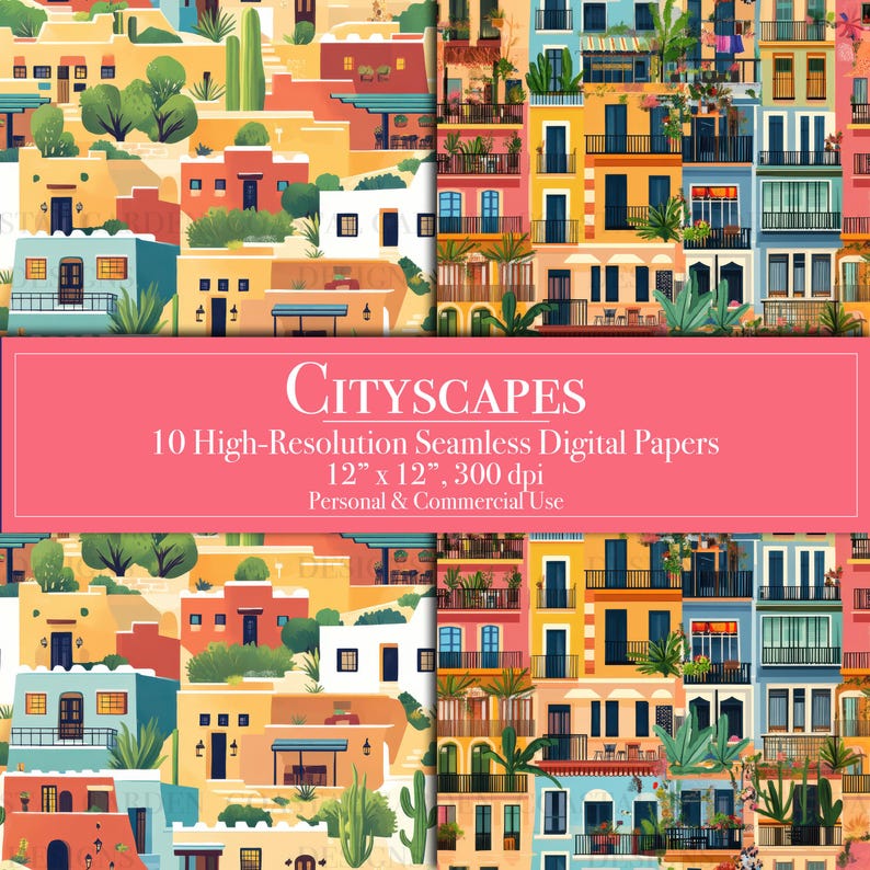 Cityscape Digital Papers, Buildings Seamless Digital Scrapbook Patterns ...