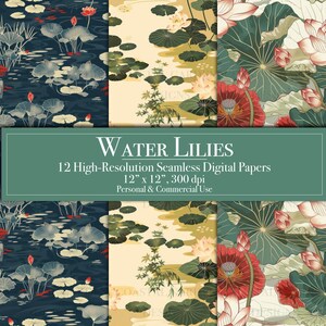 Water Lilies Digital Paper, Lotus Flowers Seamless Digital Scrapbook ...
