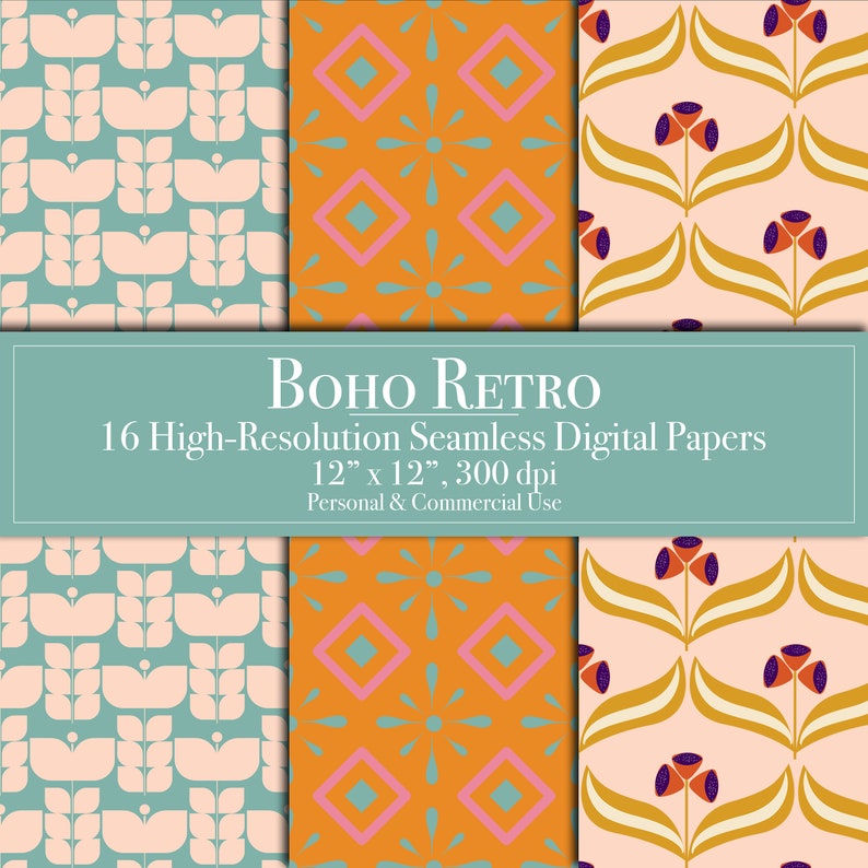 Boho Retro Digital Papers, Seamless Pattern Scrapbook Paper Commercial ...