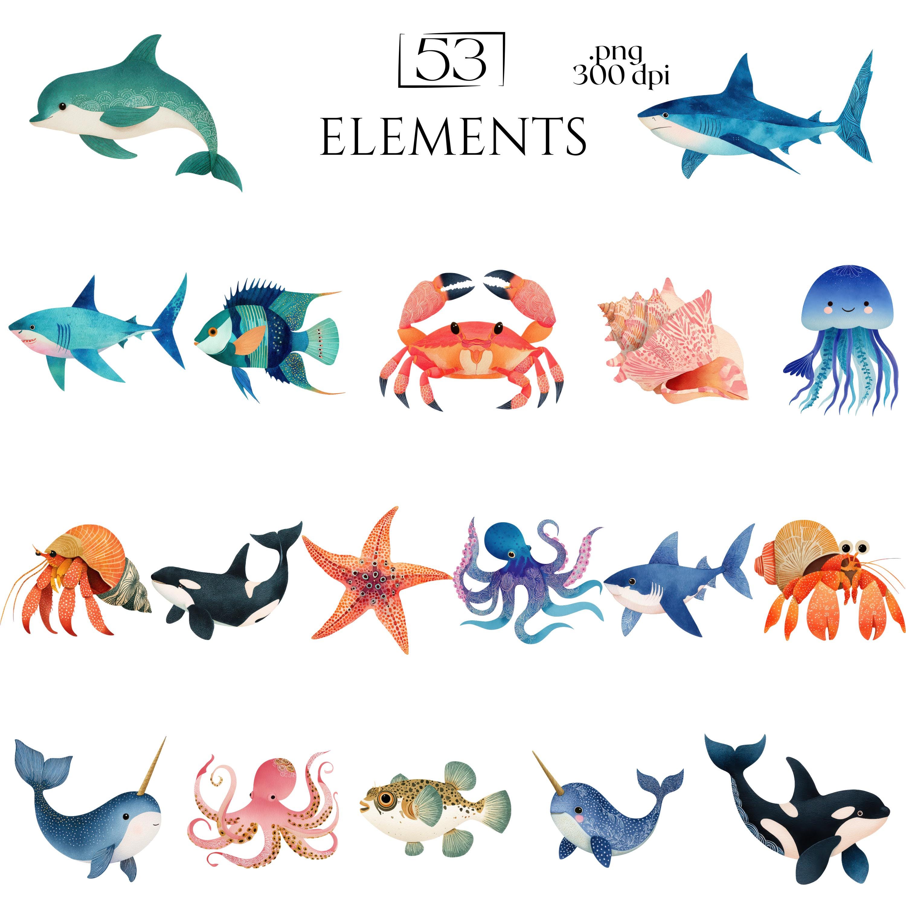 Cute Sea Creatures Clipart, Ocean Animal PNG Bundle, Sea Life ...