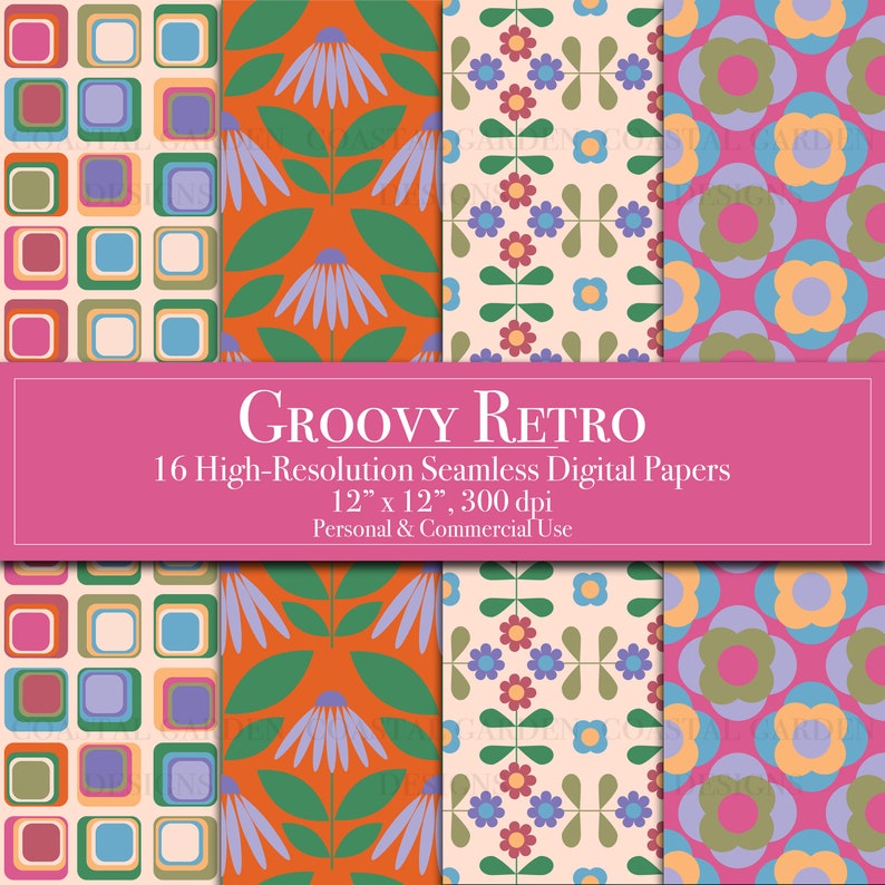 Groovy Retro Digital Papers, Seamless Pattern Scrapbook Paper ...