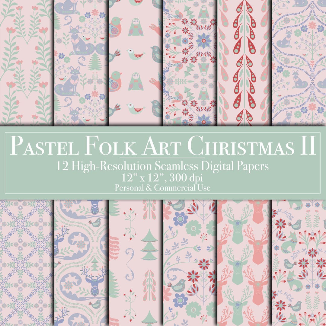Folk Art Christmas Pastel Digital Paper, Seamless Digital Scrapbook ...