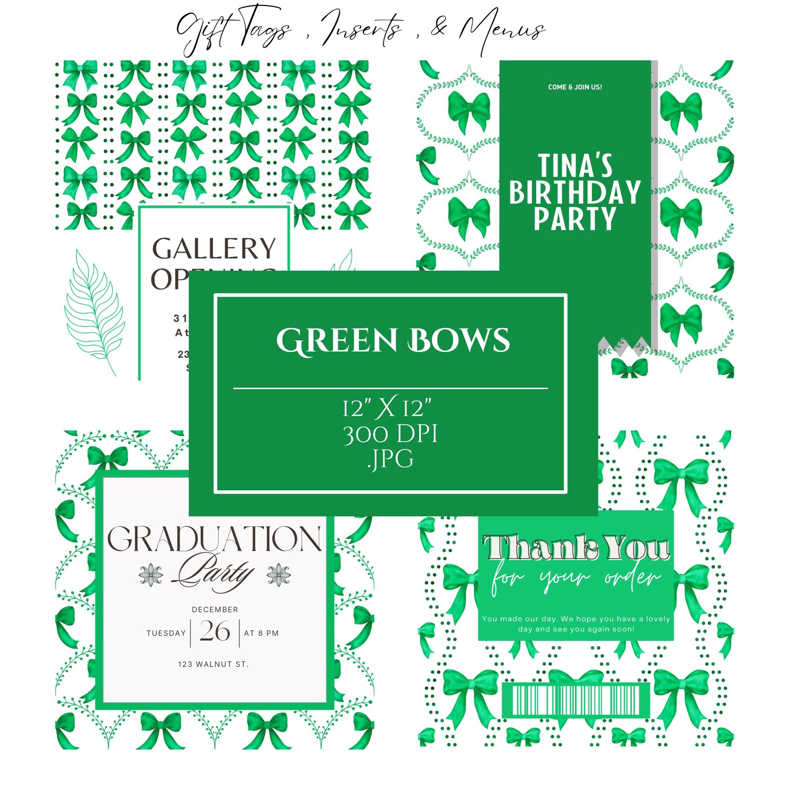 Green Bows Digital Papers & Clipart Bundle, Ribbon Seamless Scrapbook ...