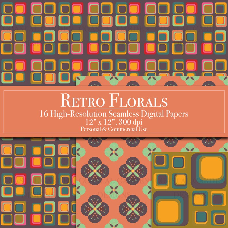 Retro Florals Digital Papers, Seamless Pattern Scrapbook Paper ...