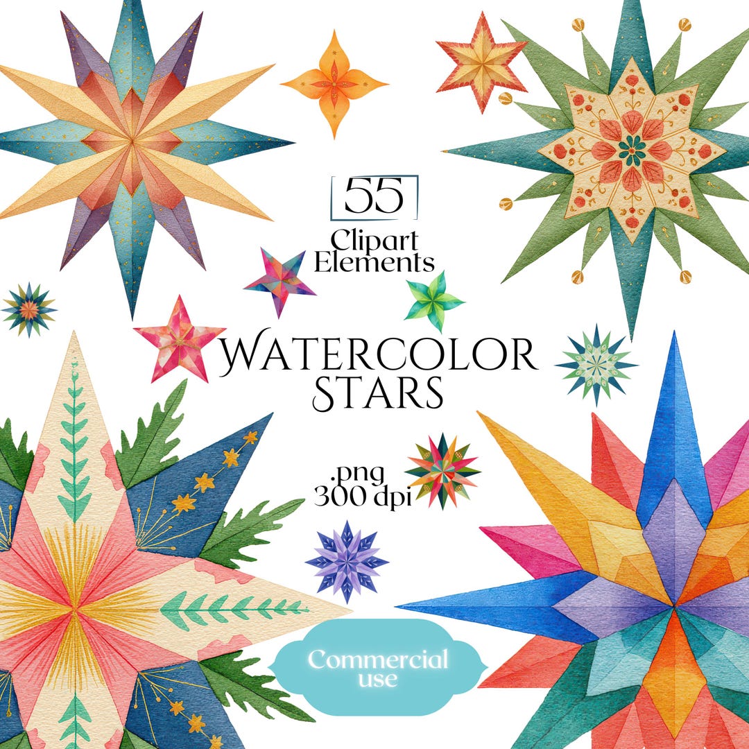 Watercolor Stars Clipart, Bright Celestial Star Graphics, Cosmic PNG ...