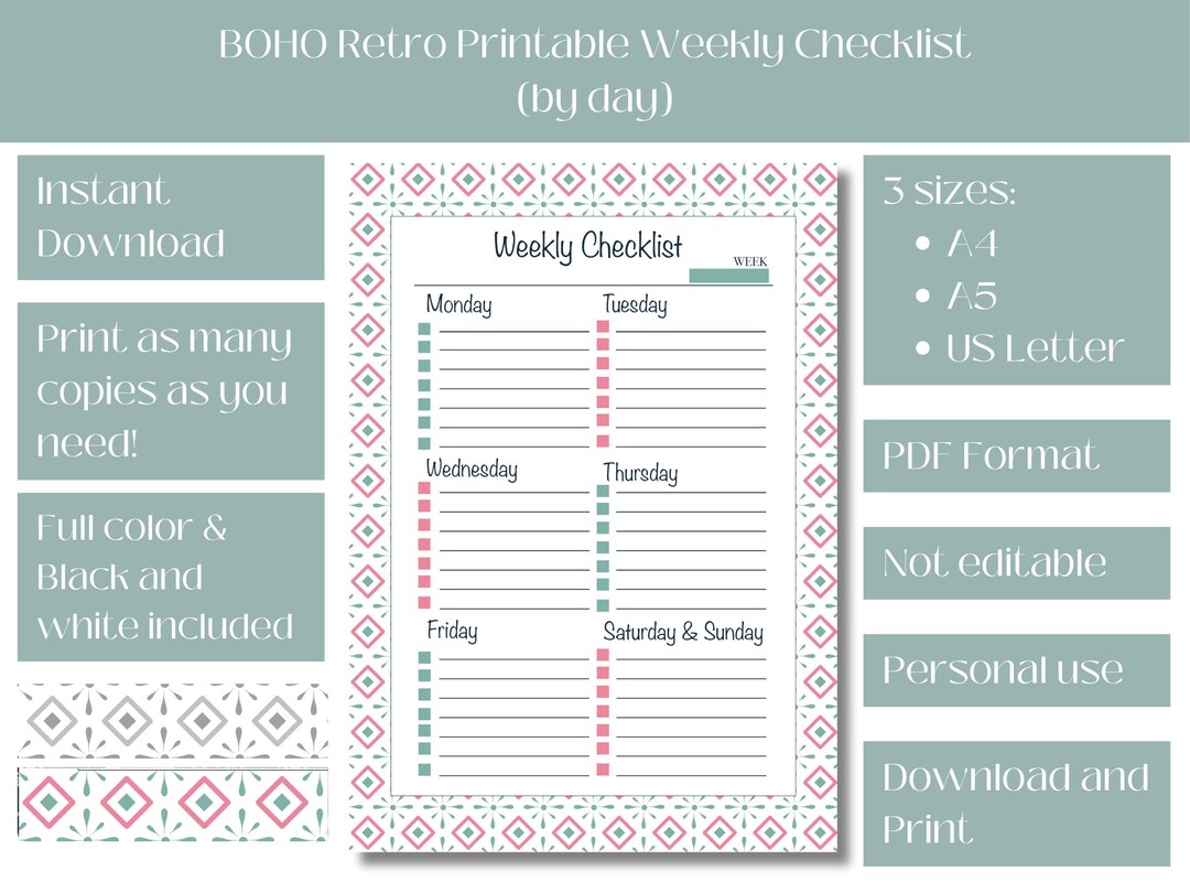 Boho Printable Weekly Checklist Template, Groovy Retro Theme, Blank ...