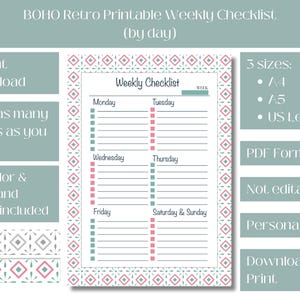 Boho Printable Weekly Checklist Template, Groovy Retro Theme, Blank ...