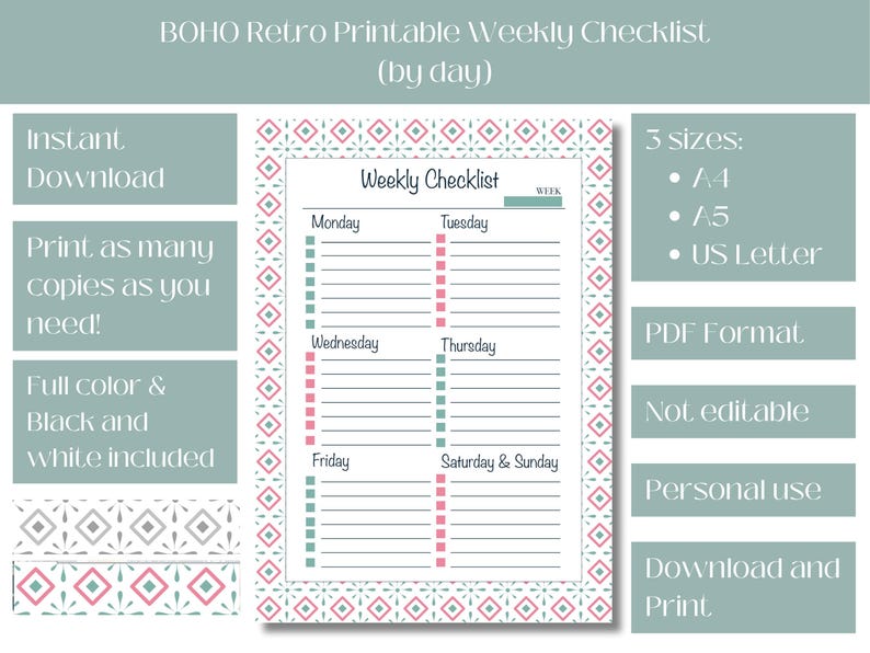 Boho Printable Weekly Checklist Template, Groovy Retro Theme, Blank ...