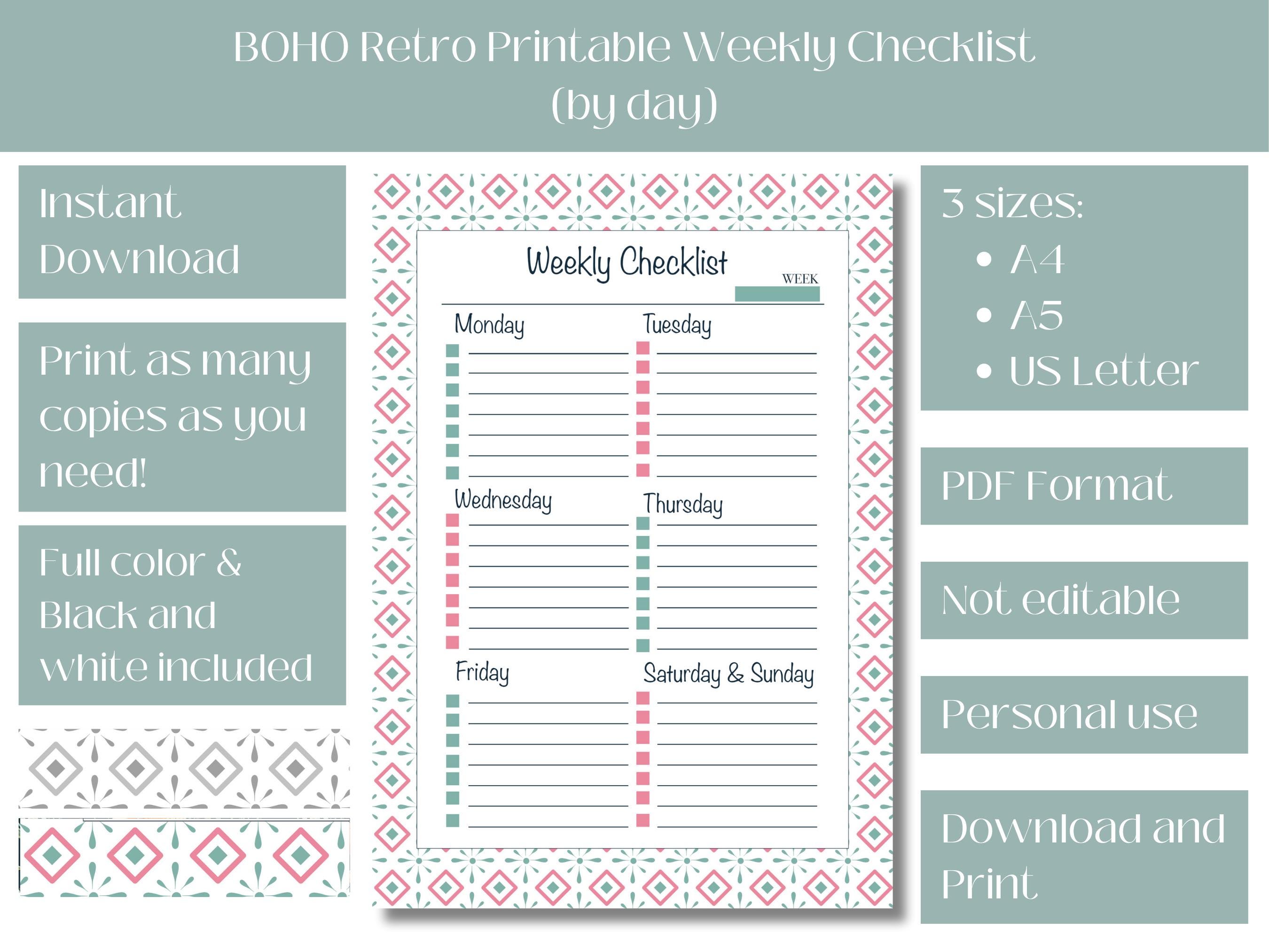 Boho Printable Weekly Checklist Template, Groovy Retro Theme, Blank ...