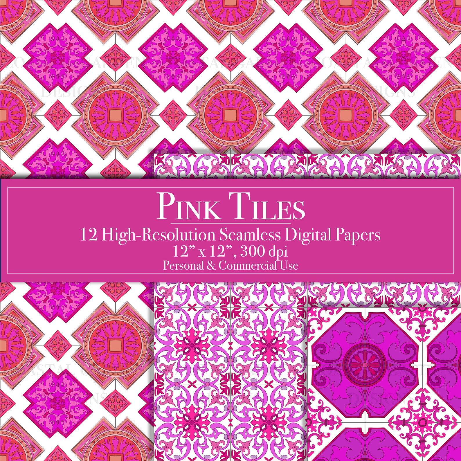 Pink Antique Tiles Digital Paper Bundle, Seamless Coordinating Patterns ...