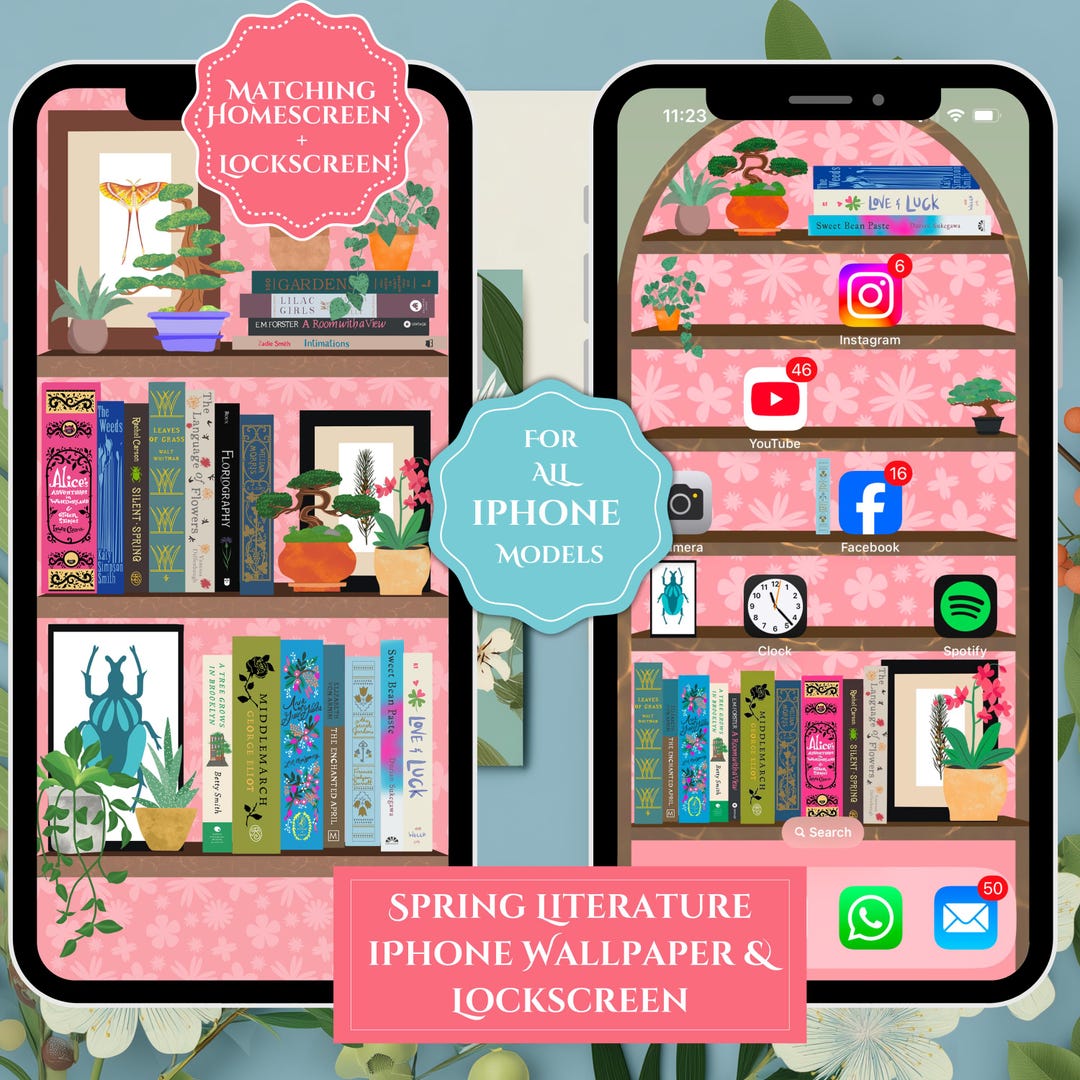 Spring Literature iPhone Wallpaper, Spring Books Phone Theme, Bookshelf ...