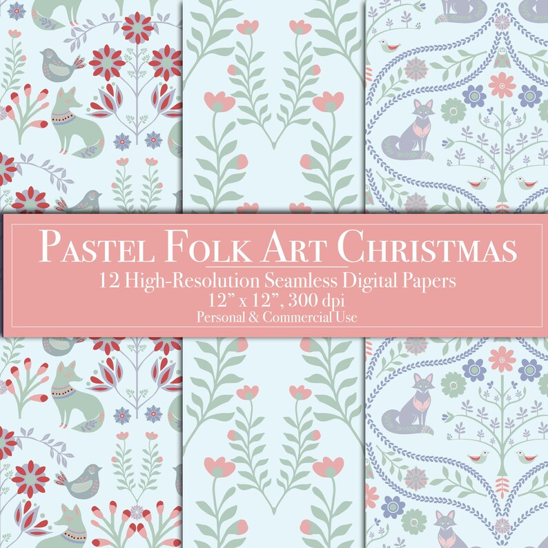 Pastel Folk Art Christmas Digital Paper, Seamless Digital Scrapbook ...