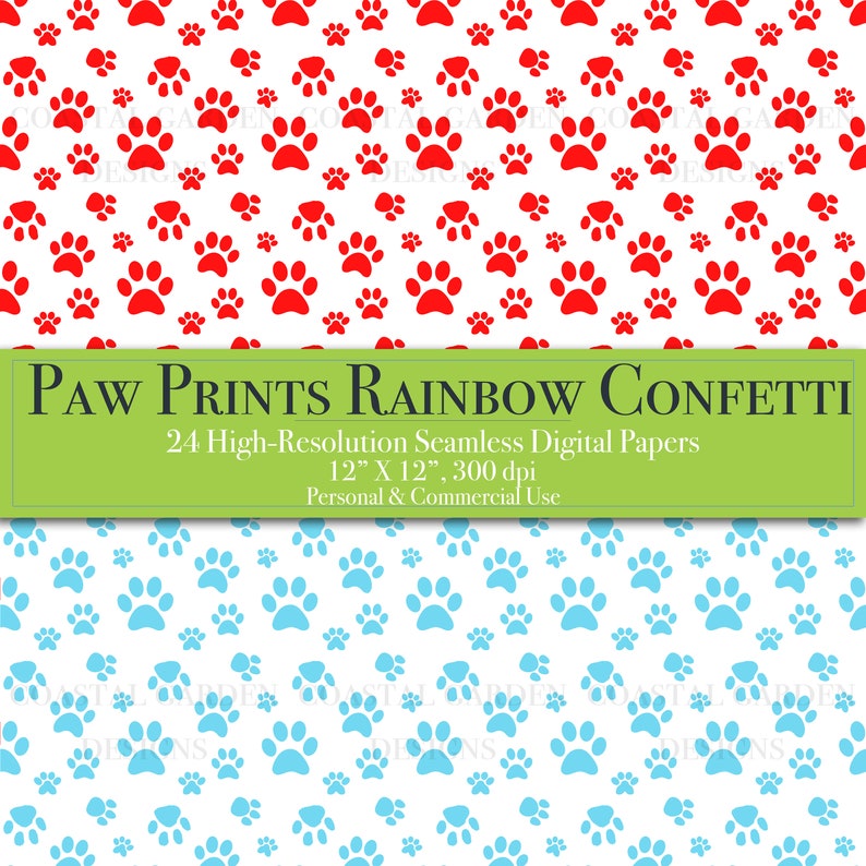 Rainbow Paw Prints Confetti Digital Paper, Seamless (digital Download ...