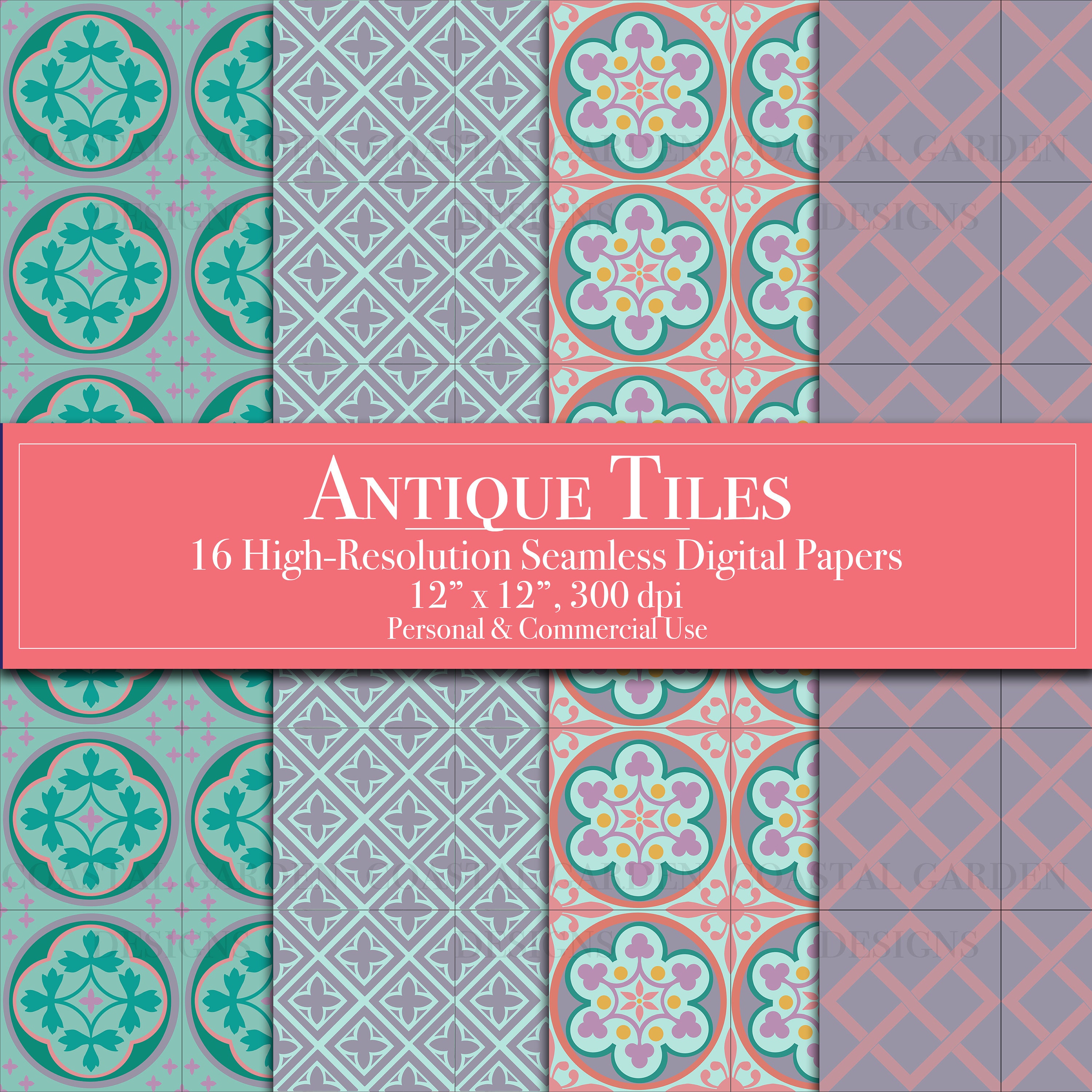 Antique Tiles Digital Paper Bundle, Seamless Patterns, Scrapbook Paper ...