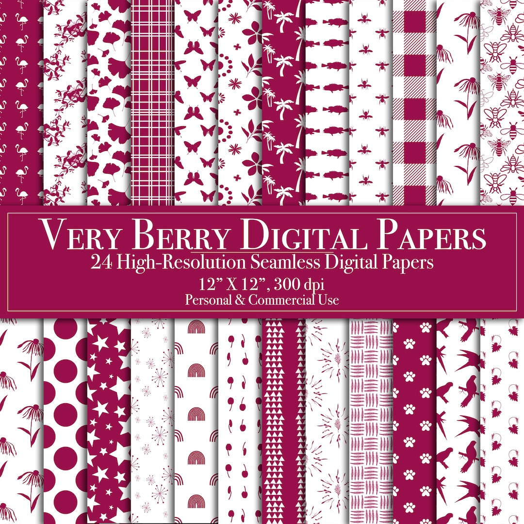 Raspberry Berry Digital Paper Bundle, Seamless Pattern, Scrapbook Paper ...