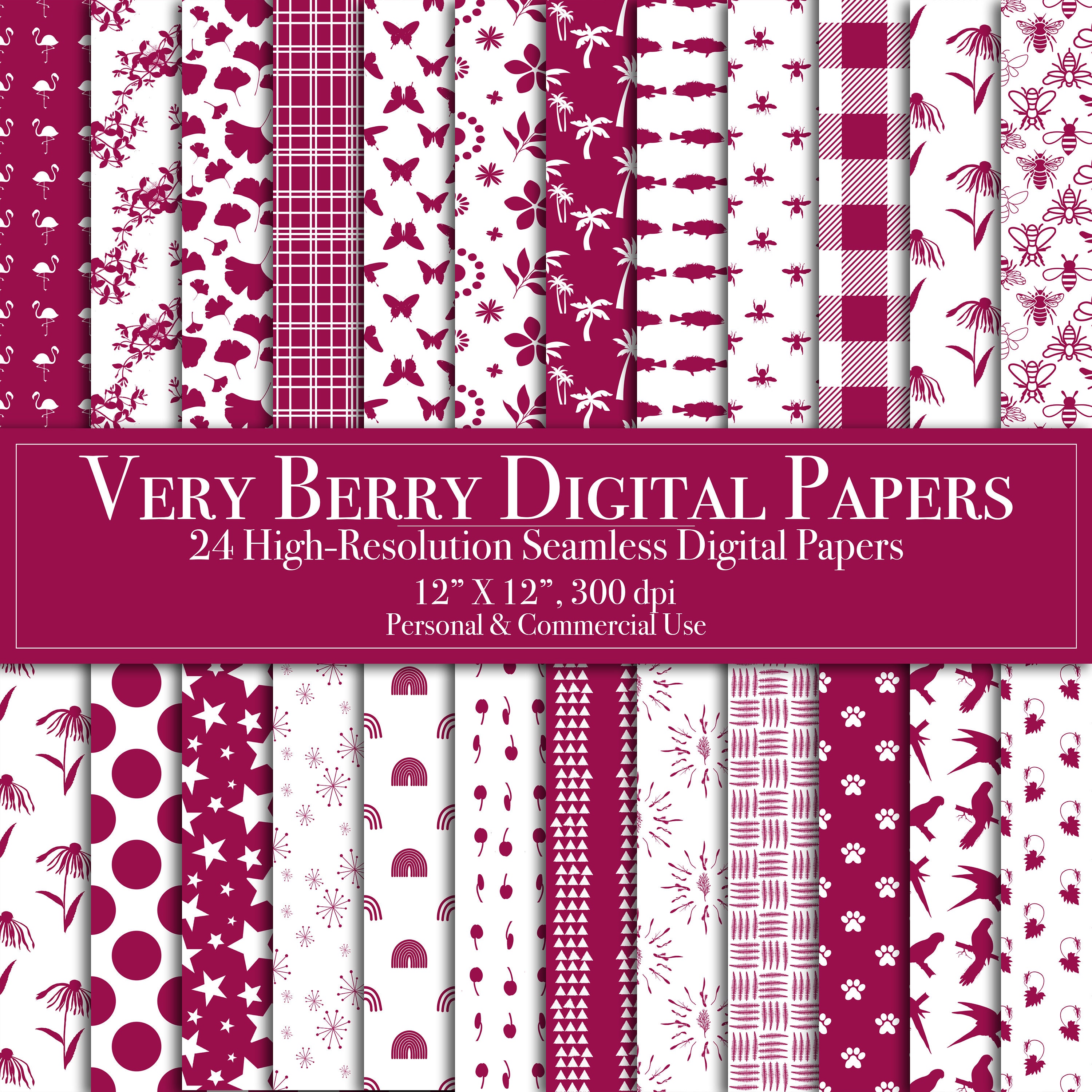 Raspberry Berry Digital Paper Bundle, Seamless Pattern, Scrapbook Paper ...