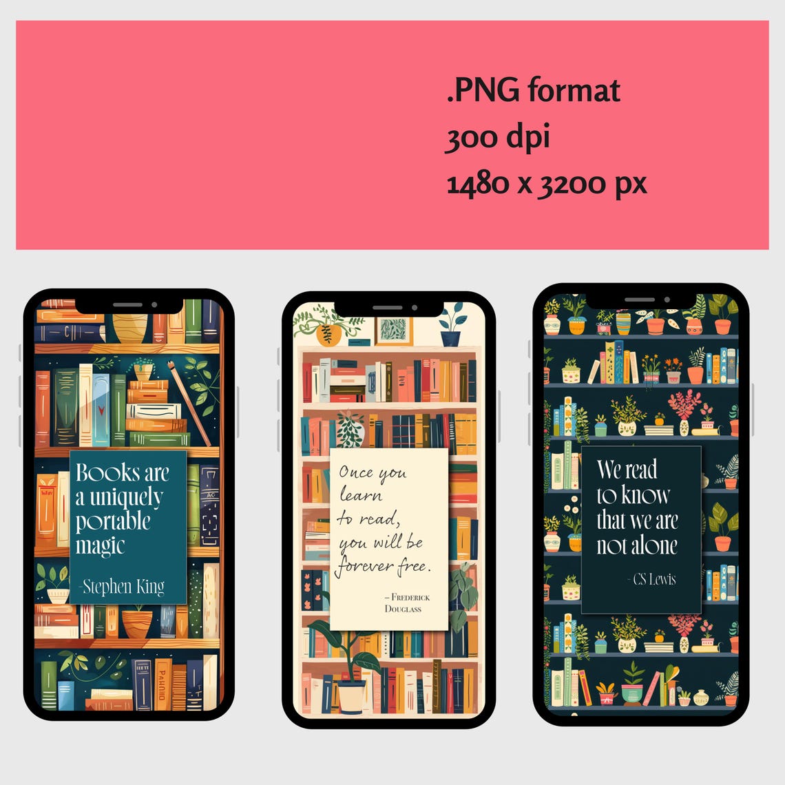 5 Book Quotes iPhone Android Wallpapers, Bookshelf Digital Download ...
