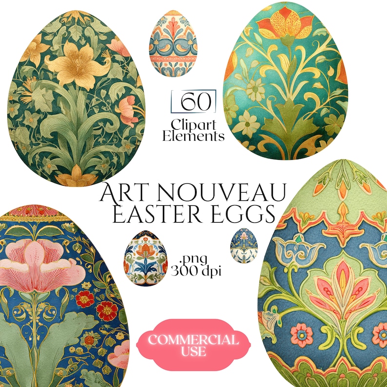 Art Nouveau Easter Eggs Clipart, Vintage Floral Egg Pngs, Ornamental ...