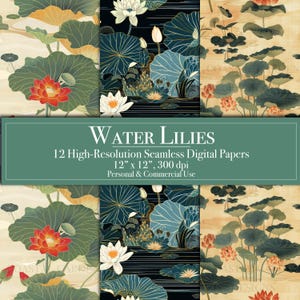 Water Lilies Digital Paper, Lotus Flowers Seamless Digital Scrapbook ...