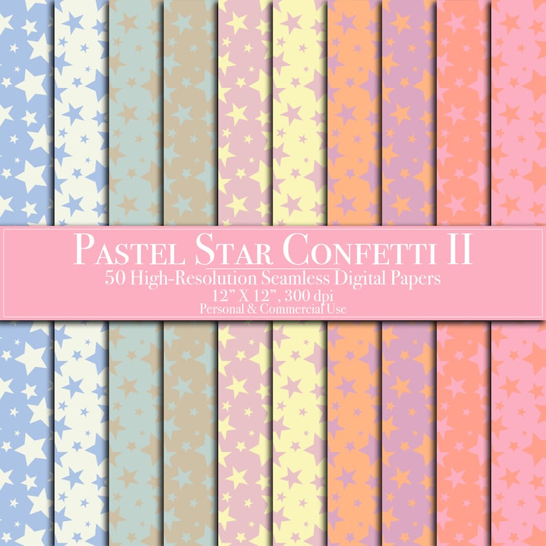 Pastel Rainbow Star Confetti Digital Paper, Seamless Pattern Scrapbook ...