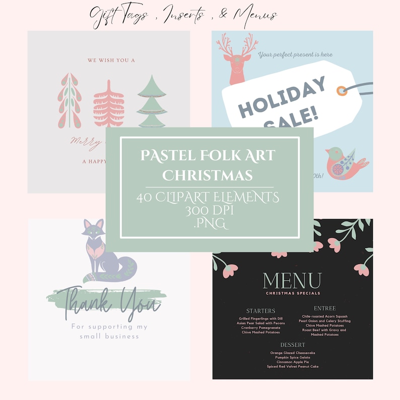 Folk Art Christmas Clipart Pastels, Scandi Clip Art Collection ...