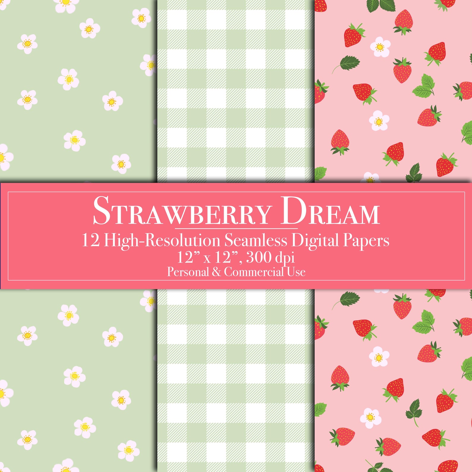 Strawberry Digital Paper Cute Strawberries Seamless Digital Scrapbook ...