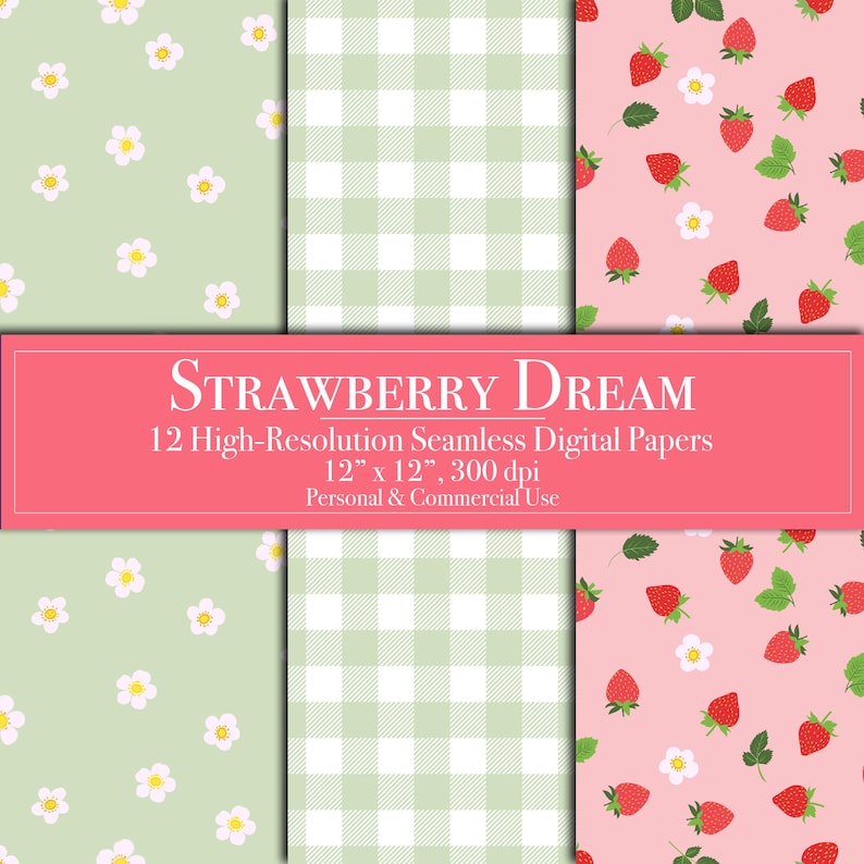 Strawberry Digital Paper Cute Strawberries Seamless Digital Scrapbook ...
