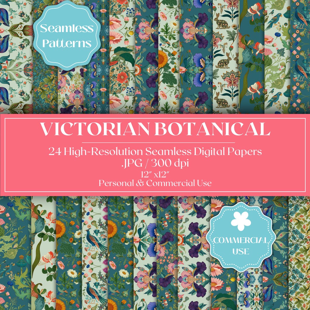 Victorian Botanical Digital Papers, Seamless Arts & Crafts Bird ...