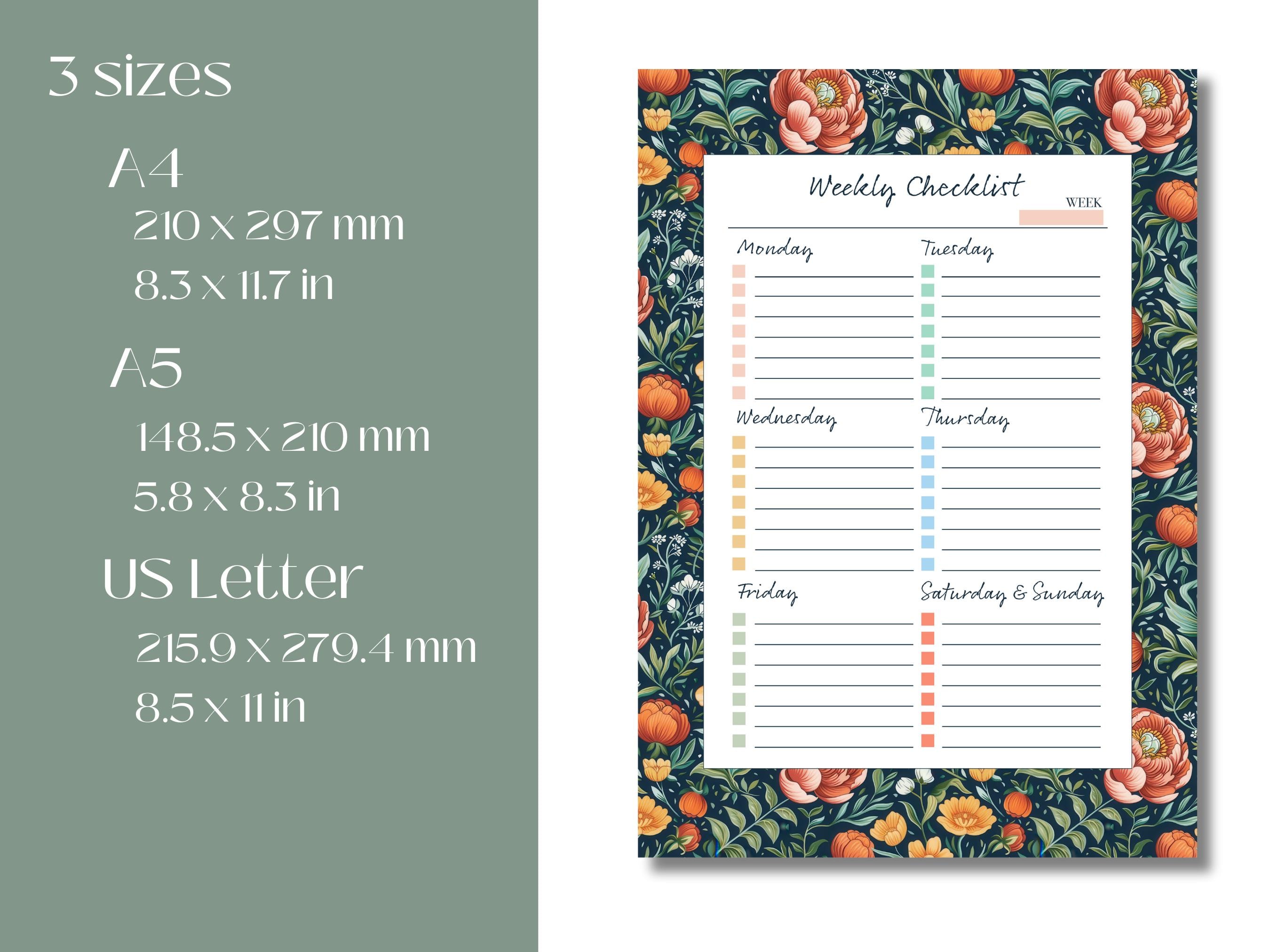 Weekly Checklist Template, Printable Peony Theme, Blank List, Flower ...