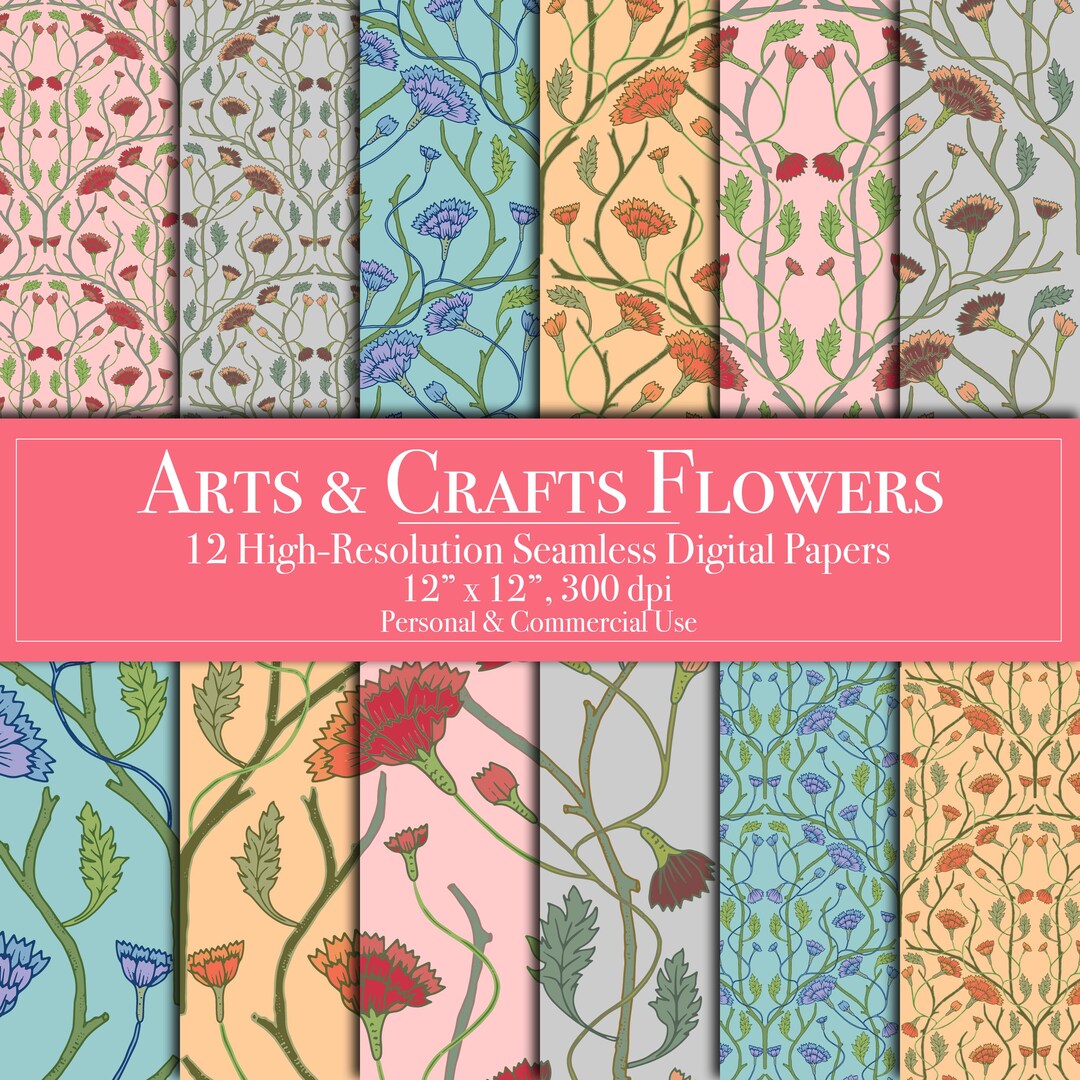 Arts & Crafts Digital Paper Bundle, Floral Seamless Patterns, Scrapbook ...