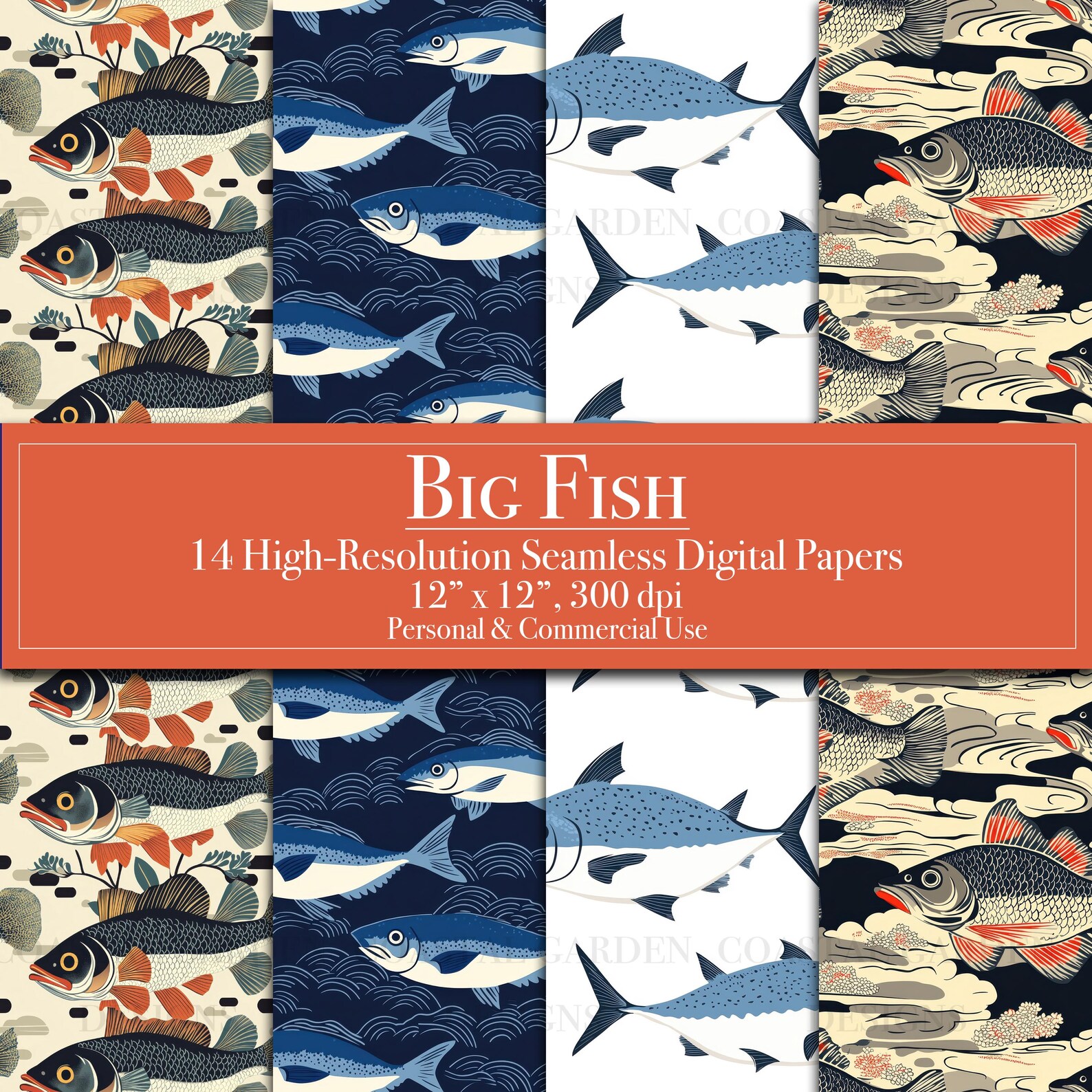 Big Fish Digital Papers, Fishing Seamless Pattern Scrapbook Paper ...