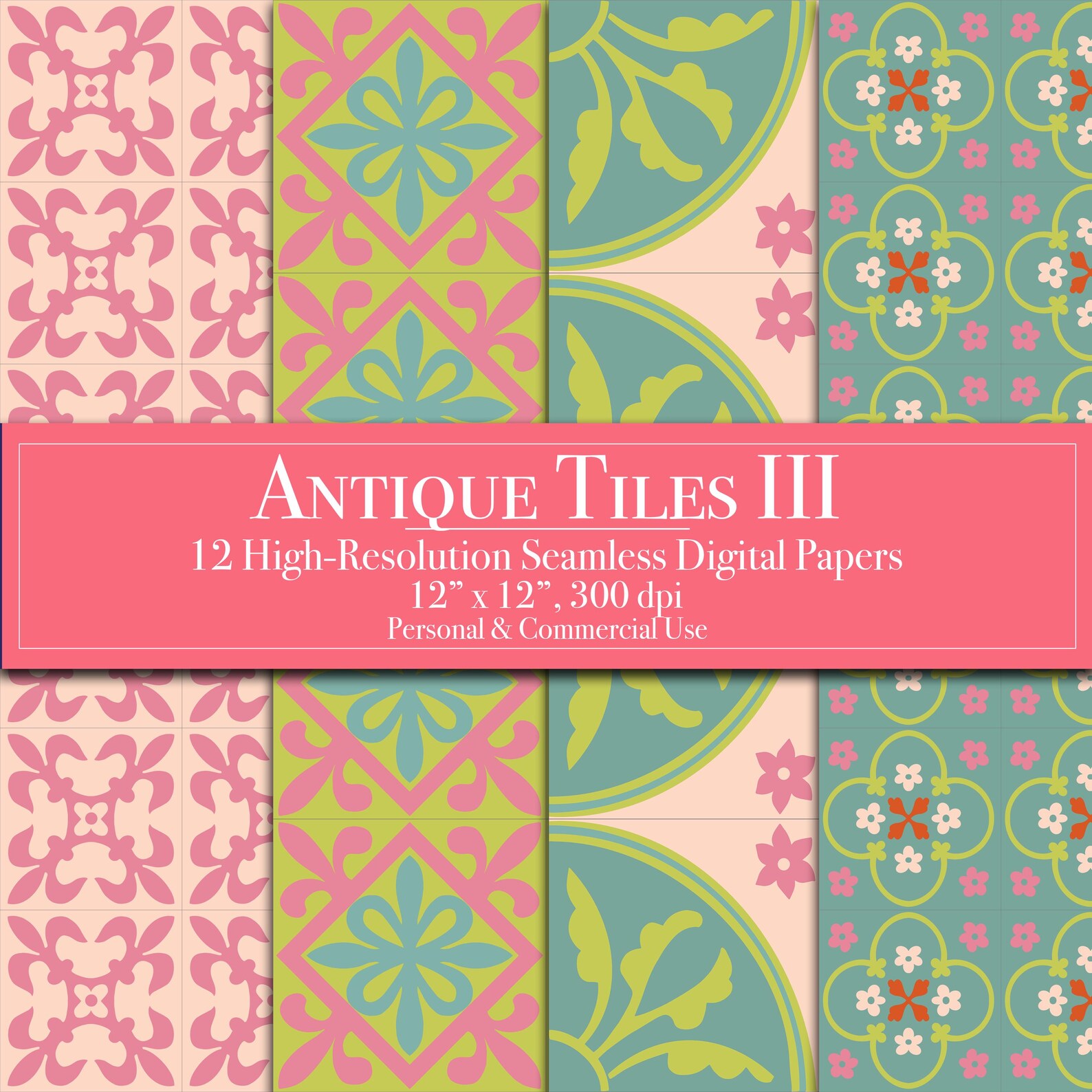 Vintage Tiles Digital Paper Bundle, Seamless Patterns, Scrapbook Paper ...