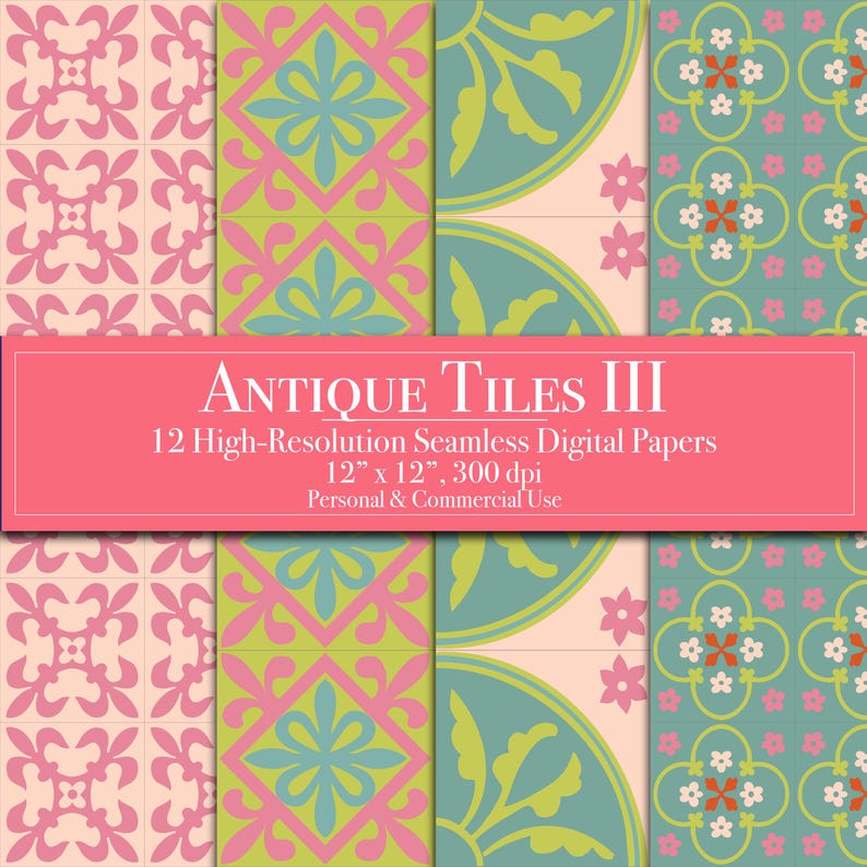 Vintage Tiles Digital Paper Bundle, Seamless Patterns, Scrapbook Paper ...