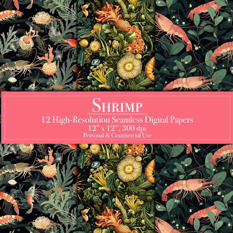 Shrimp Digital Paper, Seafood Seamless Pattern, Marine Scrapbook Paper ...