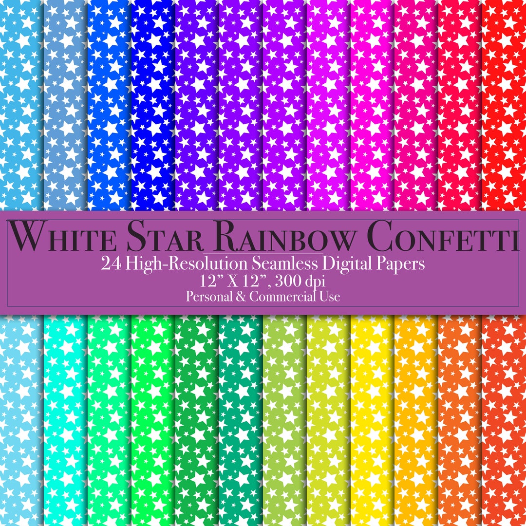 White Star Rainbow Confetti Digital Paper Bundle, Seamless Pattern ...