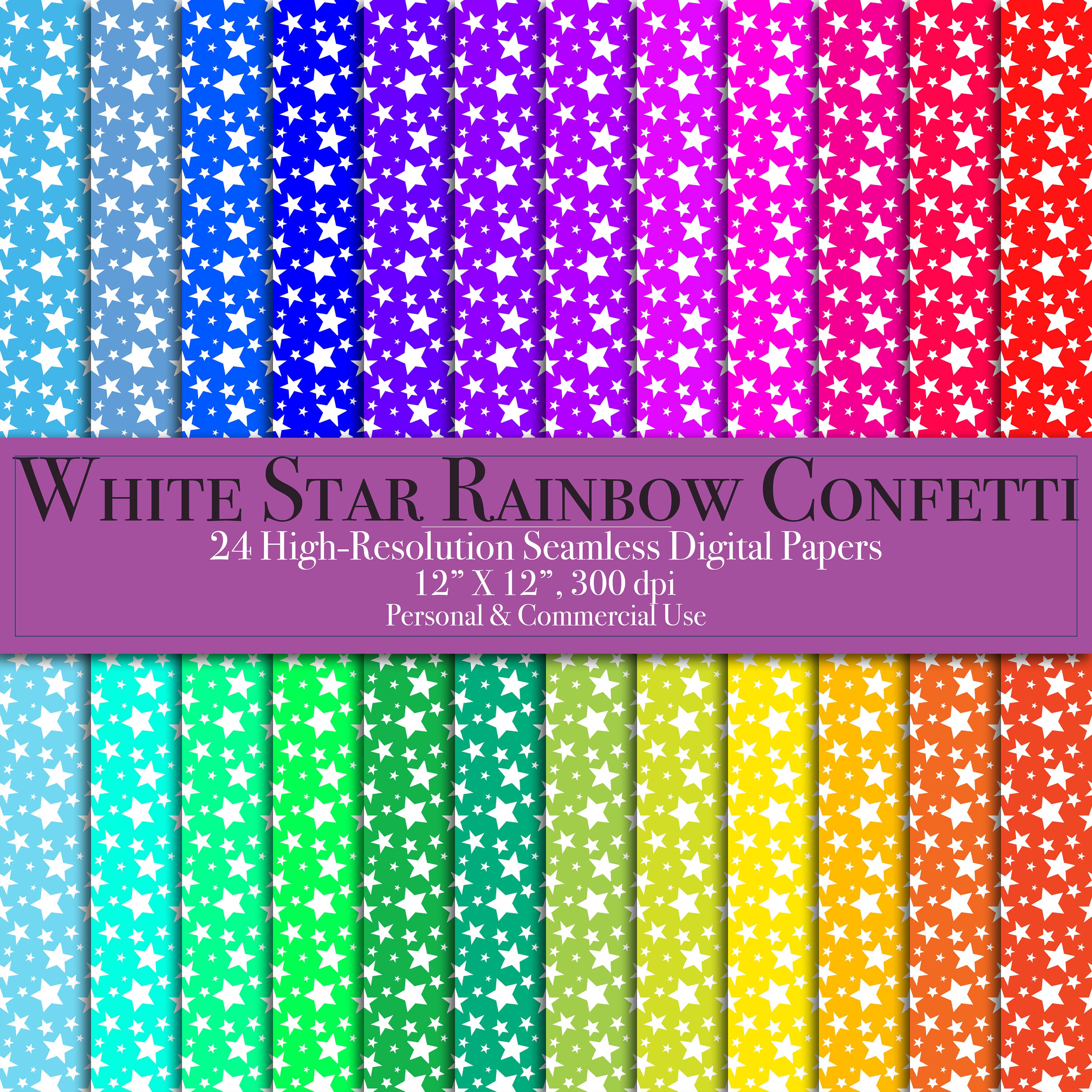 White Star Rainbow Confetti Digital Paper Bundle, Seamless Pattern ...