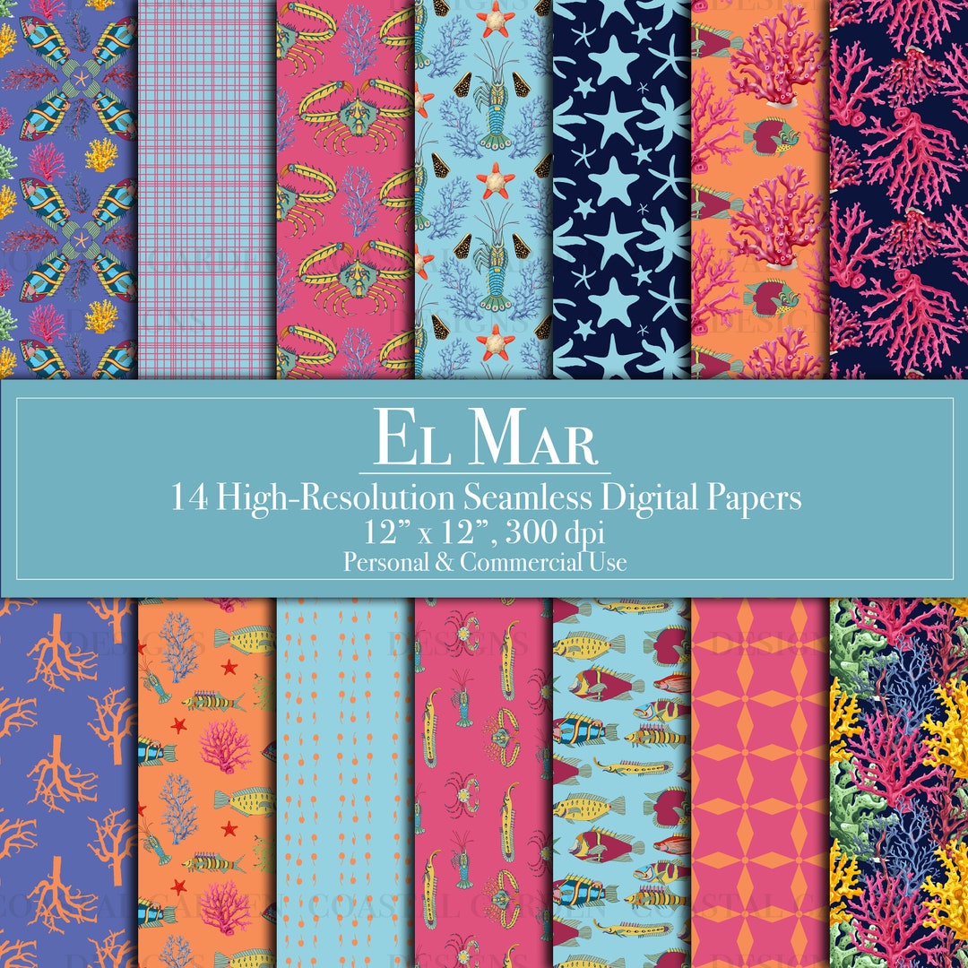 El Mar Ocean Digital Papers, Quirky Aquatic Life Seamless Pattern ...