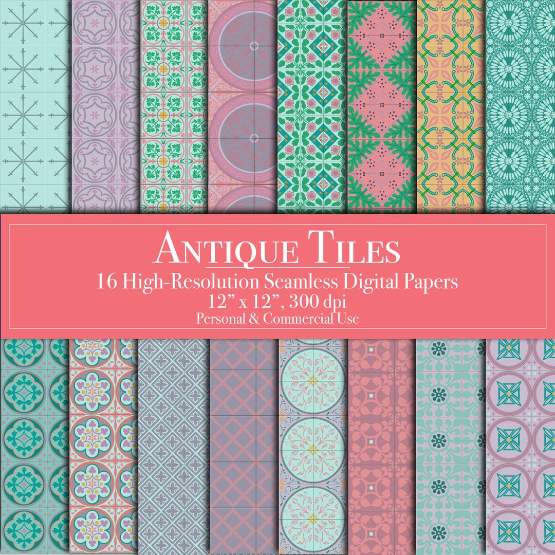 Antique Tiles Digital Paper Bundle, Seamless Patterns, Scrapbook Paper ...