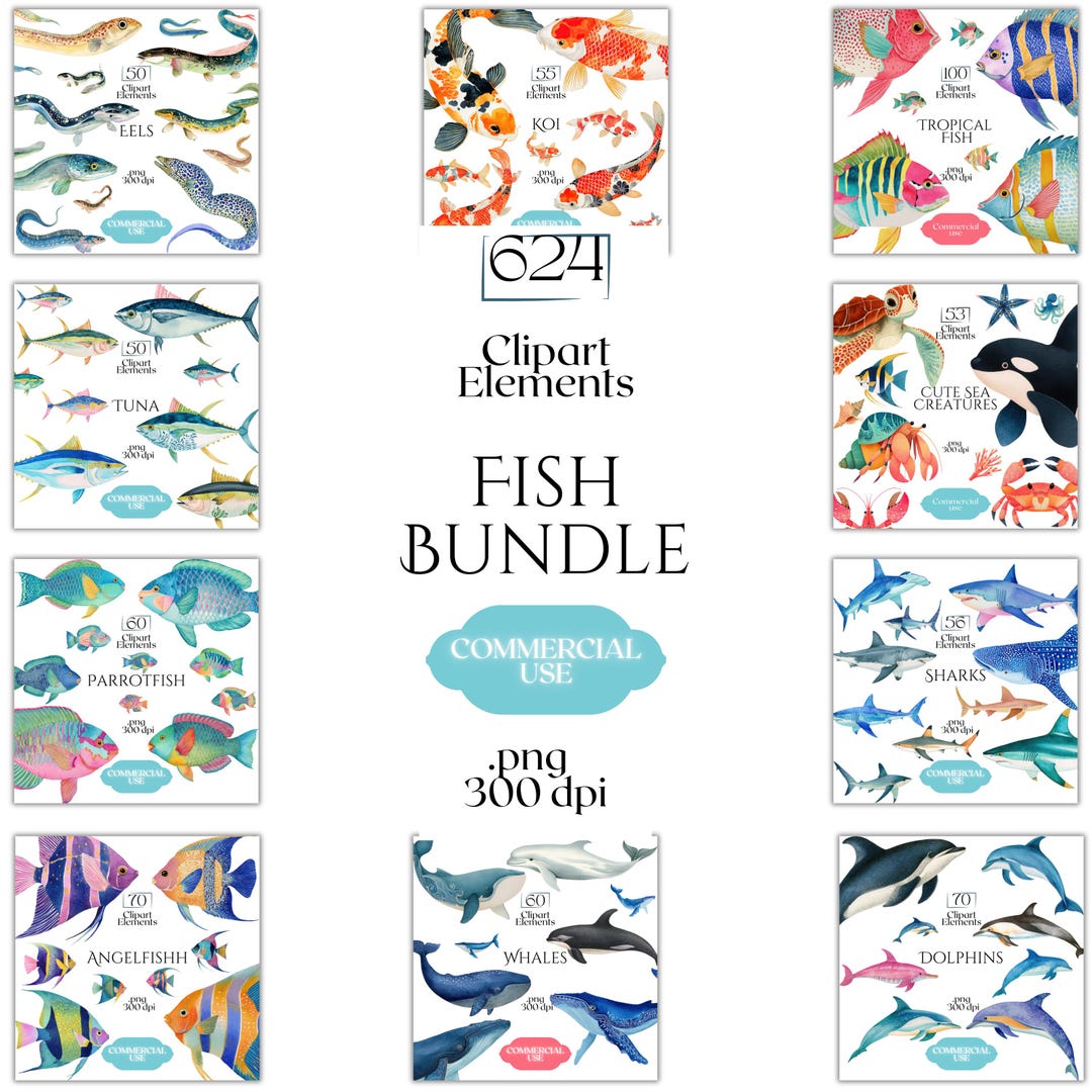 Fish Clipart Mega Bundle (624 Files), Ocean Fish PNG Graphics, Tropical ...