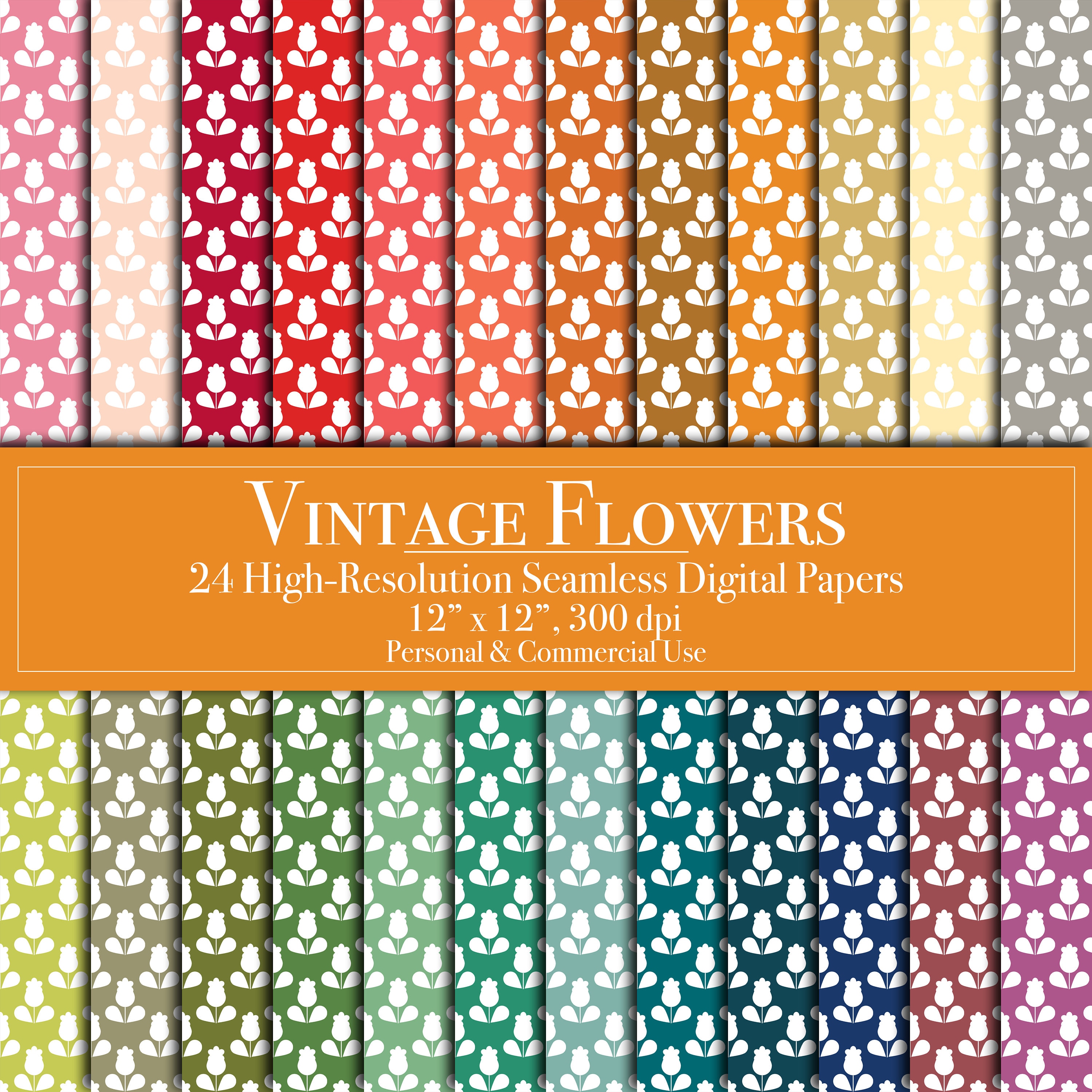 Vintage Flower Silhouette Digital Papers, Seamless Scrapbook Paper ...
