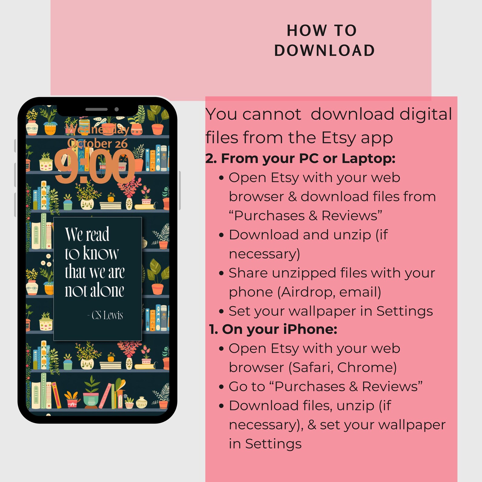 5 Book Quotes iPhone Android Wallpapers, Bookshelf Digital Download ...