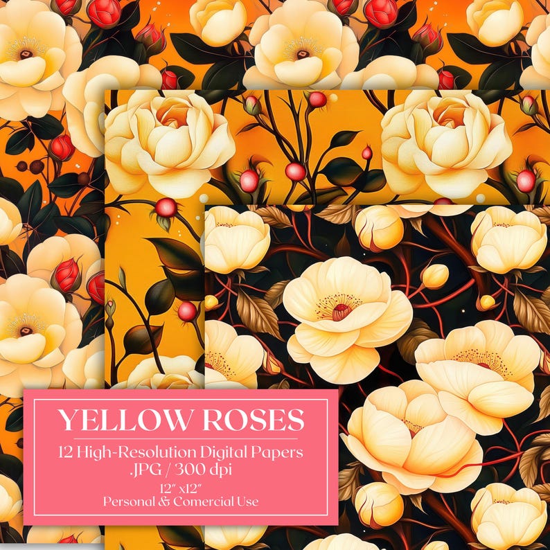 Yellow Roses Digital Papers, Rosebud Seamless Patterns, Yellow Floral ...